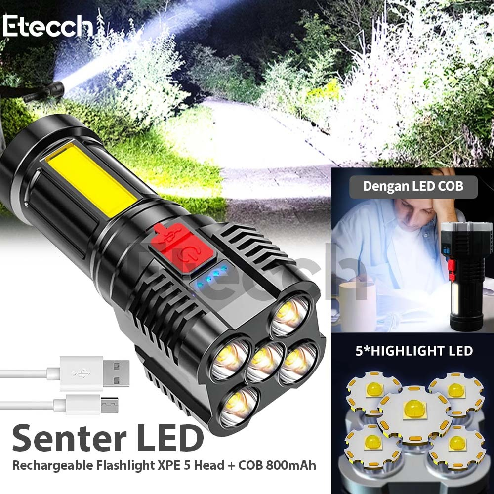Jual Senter LED USB Rechargeable Flashlight XPE 5 Head + COB 800mAh ...