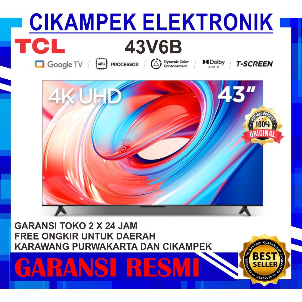Jual TV LED TCL 43V6B Google TV 43 Inch 4K UHD T-Screen Dolby Audio HDR10 | Shopee Indonesia