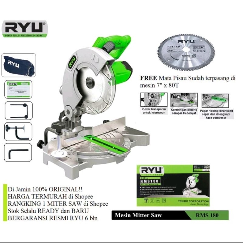 Jual RYU RMS 180 Mesin Potong Alumunium Kayu Miter Saw 7 inch Mesin ...