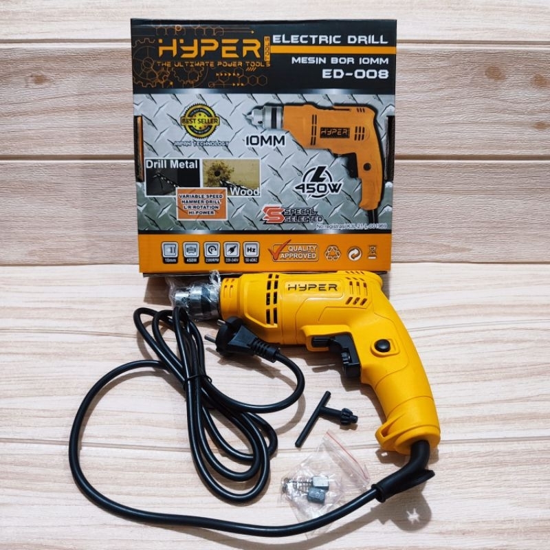 Jual Mesin Bor Tangan 10 Mm Hand Drill 450 Watt HYPER ED-008 Mesin Bor ...