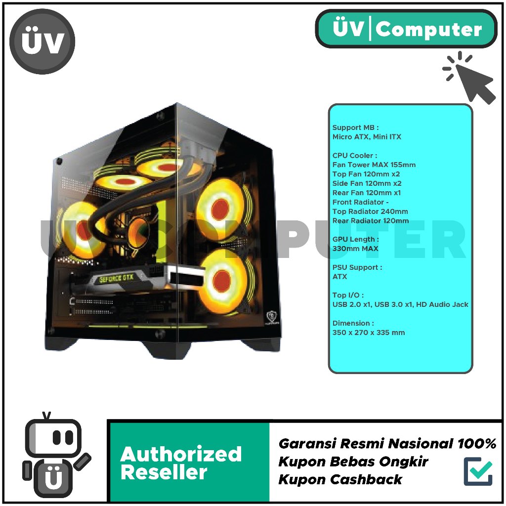 Jual Casing PC Komputer Vurrion AQUARIST BLACK Micro M-ATX 5Fan RGB ...