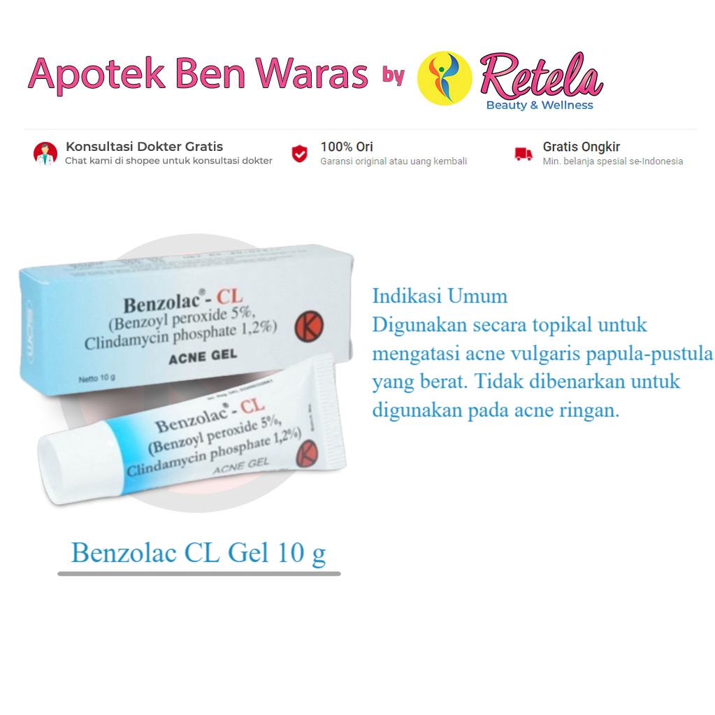 Jual Benzolac CL Gel 10 g / Benzoyl Peroxide / Clindamycin Phosphate ...
