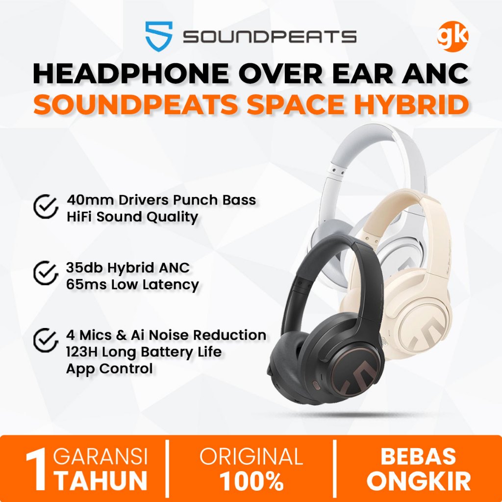 Jual SoundPEATS Space Hybrid Headphone ANC Wireless Over-Ear Headset ...