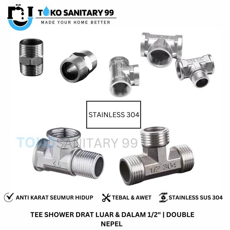 Jual Sambungan Kran Stainless Nepel Tee Shower Kloset Sok | Tee Drat Dalam | Tee Shower 1 drat ...