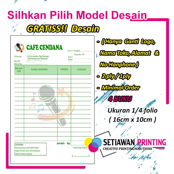 Jual Cetak Nota Cafe Custom Ukuran 1/4 Free Desain Nota Karoke | Shopee ...