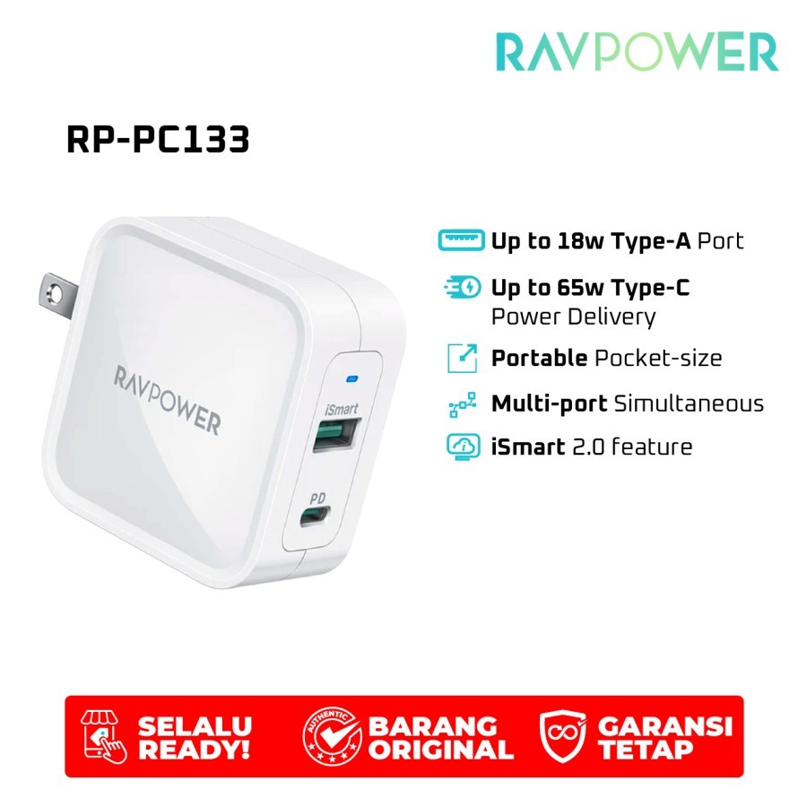 Jual RAVPower RP-PC133 65W GaN A+C Wall Charger EU Pin Power Delivery GARANSI | Shopee Indonesia