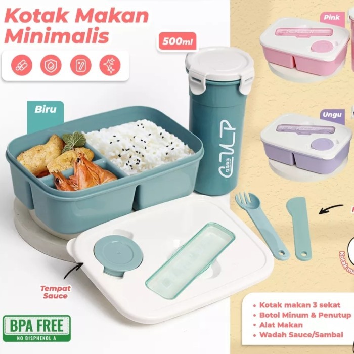 Jual Kotak Makan Botol Set / Tempat Makan Portable Dan Botol Minum / Lunch Box BPA FREE / 1SET ...