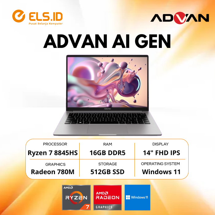 Jual Advan AI Gen AMD Ryzen 7 8845HS 16GB SSD 512GB Radeon 780M 14" FHD W11 | Shopee Indonesia