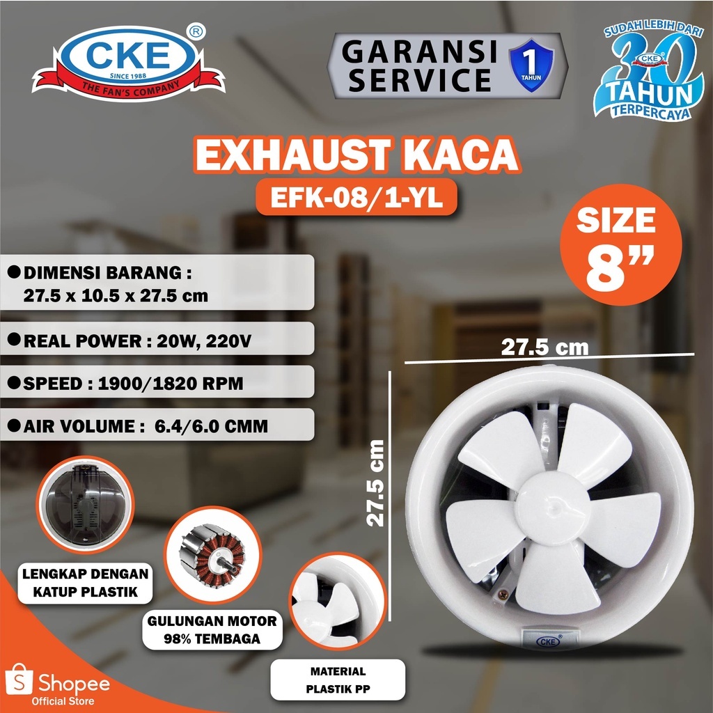 Jual CKE Exhaust Fan Kaca EFK-08/1-YL ukuran 8 Inch Rumah Toilet Dapur ...