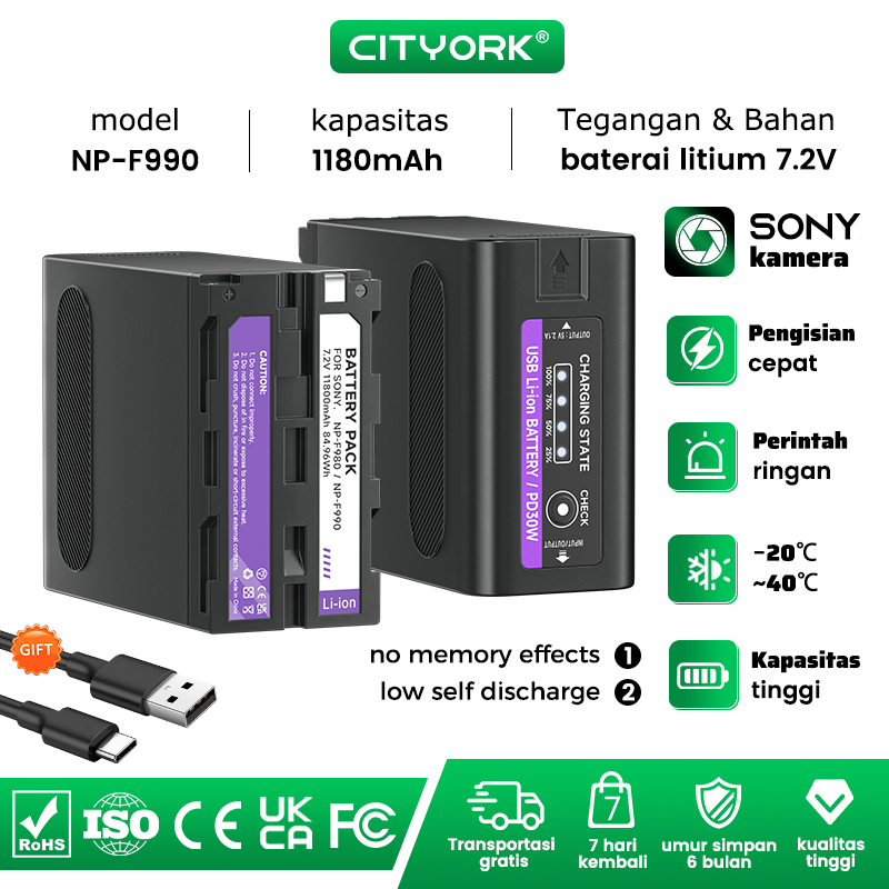 Jual Cityork Baterai Kamera 11800mAh NP-F990 NP-F970 F960 F970 dengan Indikator Daya LED untuk ...
