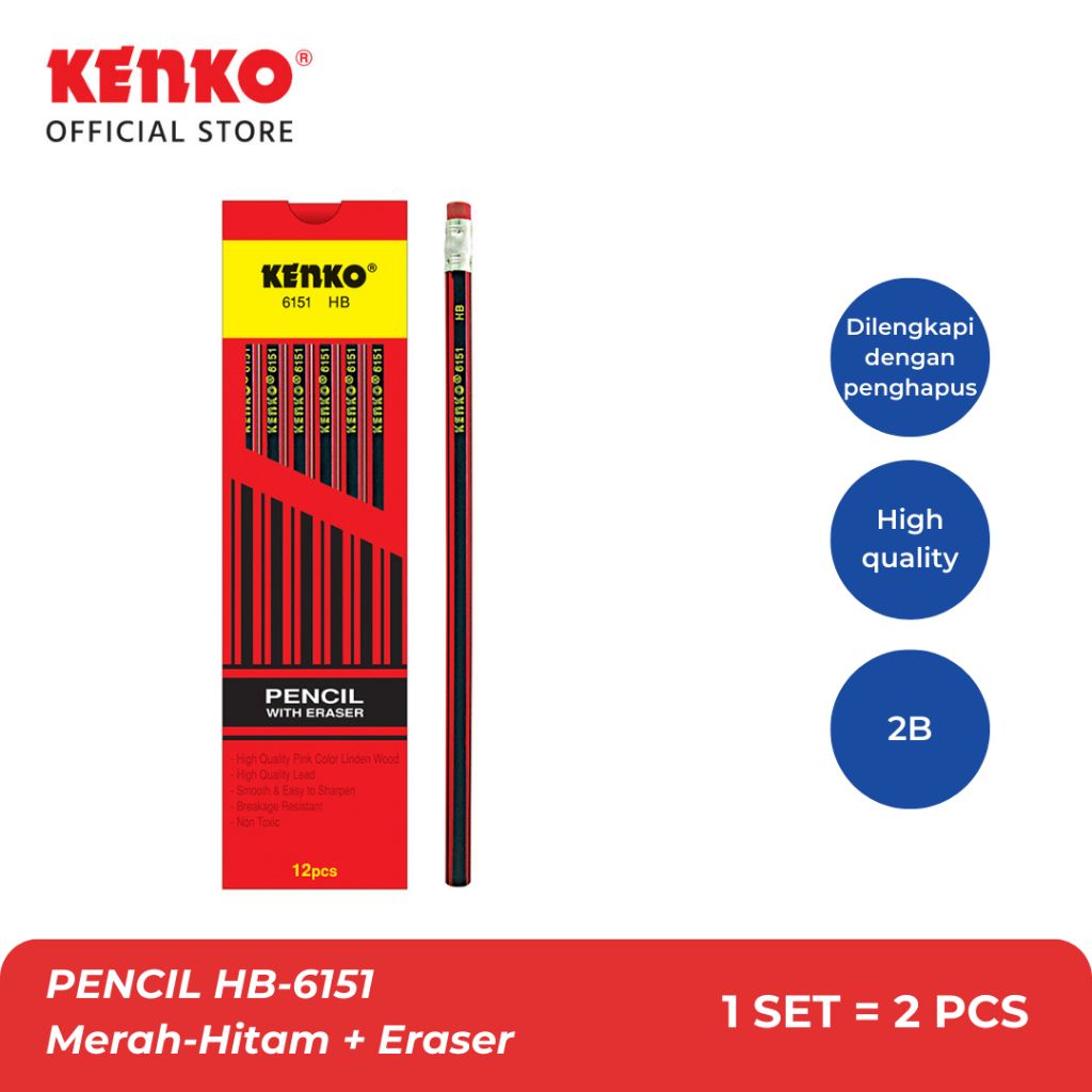 Jual KENKO PENCIL / PENSIL KAYU HB-6151 MERAH-HITAM + PENGHAPUS 2 PCS ...