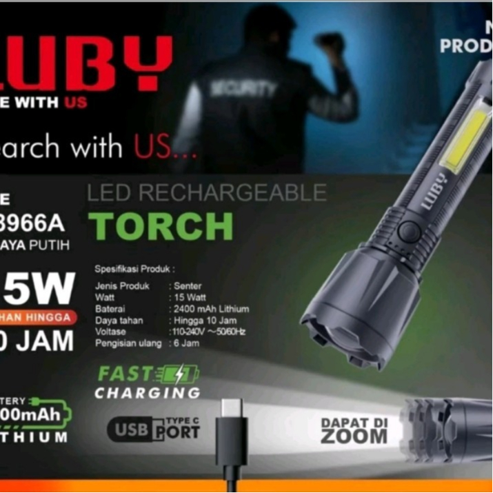 Jual Senter Tangan Cas LED ZOOM 15 Watt + Emergency COB Luby L-8966A LED Torch Rechargeable ...