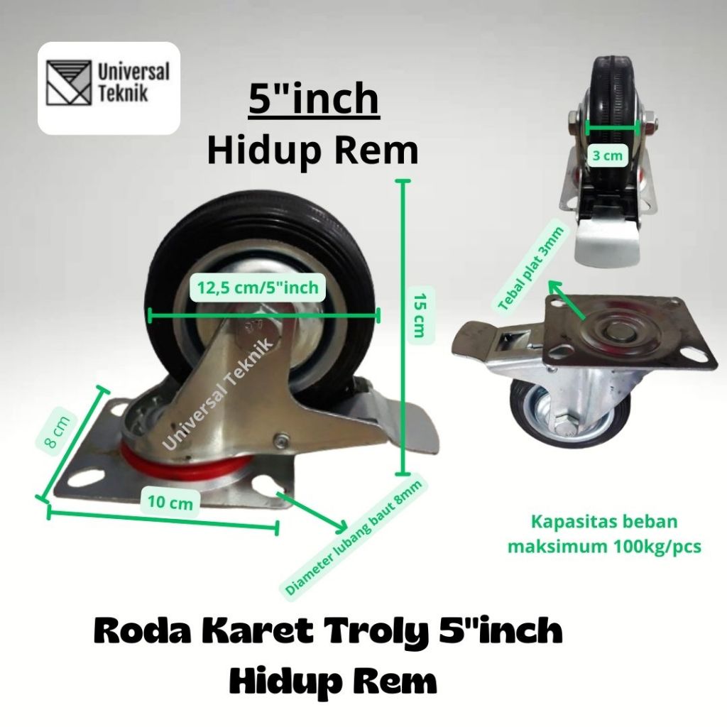 Jual Roda troli Karet Hidup+Rem 5" inch Roda troli caster troly ...
