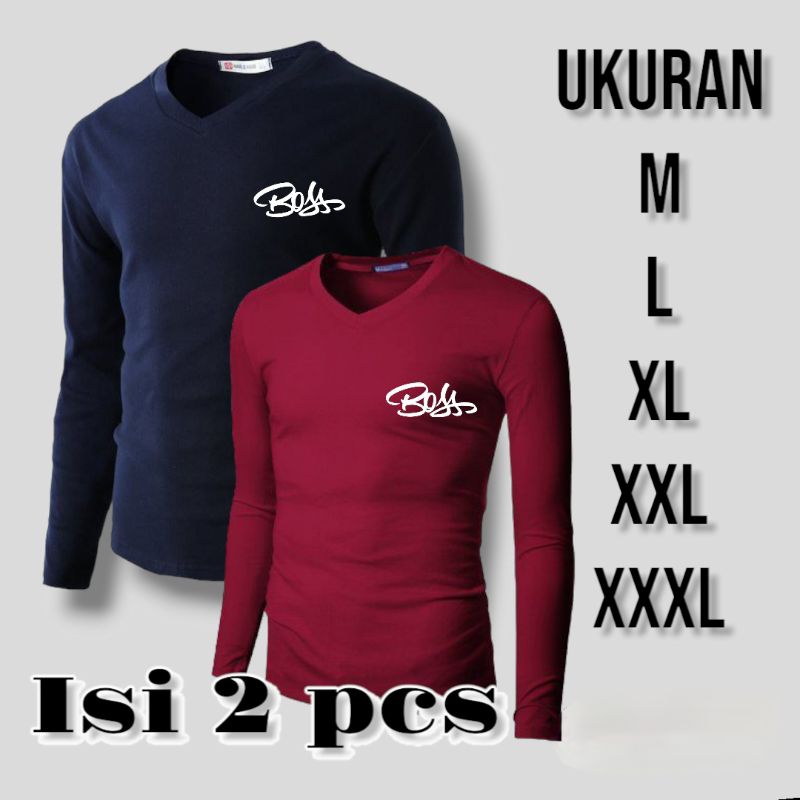 Jual kaos v neck lengan panjang sablon boss paket 2pcs | Shopee Indonesia