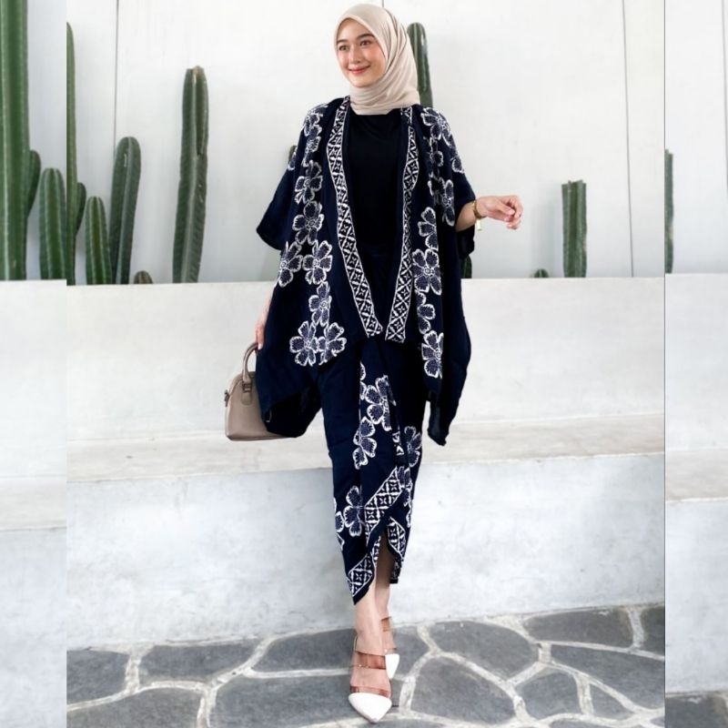 Jual Outfit Kondangan Simpel One Set Batik Outer Rok Lilit Kimono ...