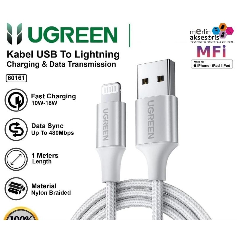 Jual Ugreen kabel data iPhone 60161 usb to lightning nylon 1M silver ...