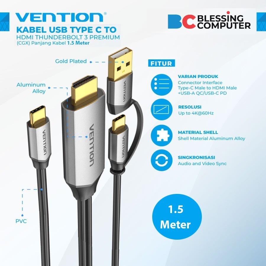 Jual Kabel VENTION CGX USB Type C 3.1 to HDMI Powerline Grey 1.5M | Shopee Indonesia