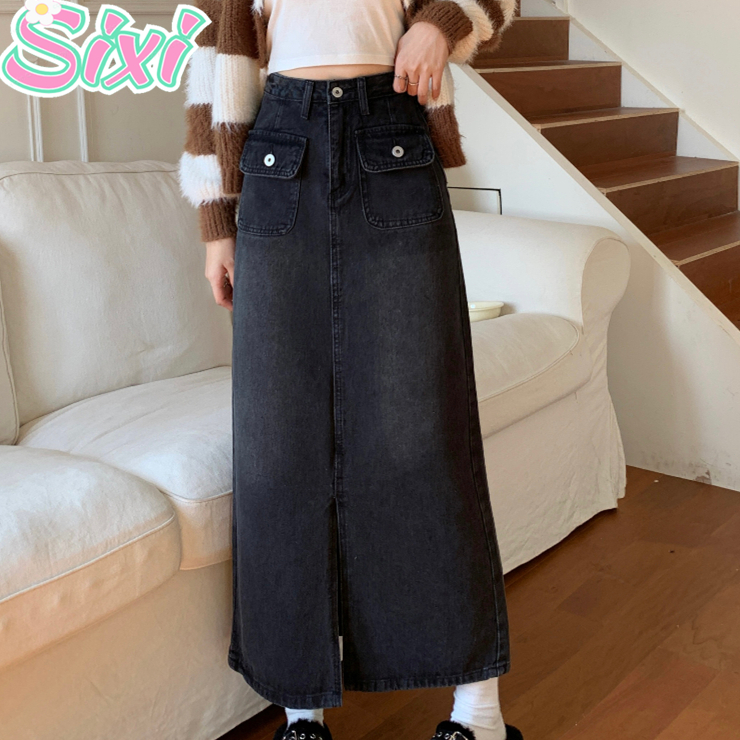 Jual SIXI Button Pocket Rok Denim Panjang Wanita Korean Style Slit A ...