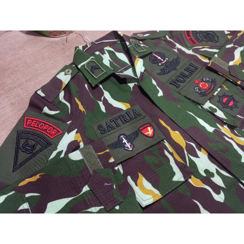 Jual baju seragam pdl Tactical loreng brimob 1 stell atribut rata dan timbul kain siritex ...