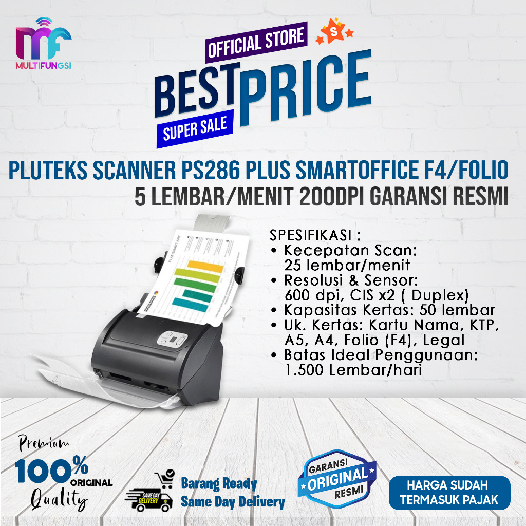 Jual Plustek Scanner PS286 Plus SmartOffice F4/Folio 5 Lembar/Menit 200dpi Garansi Resmi ...