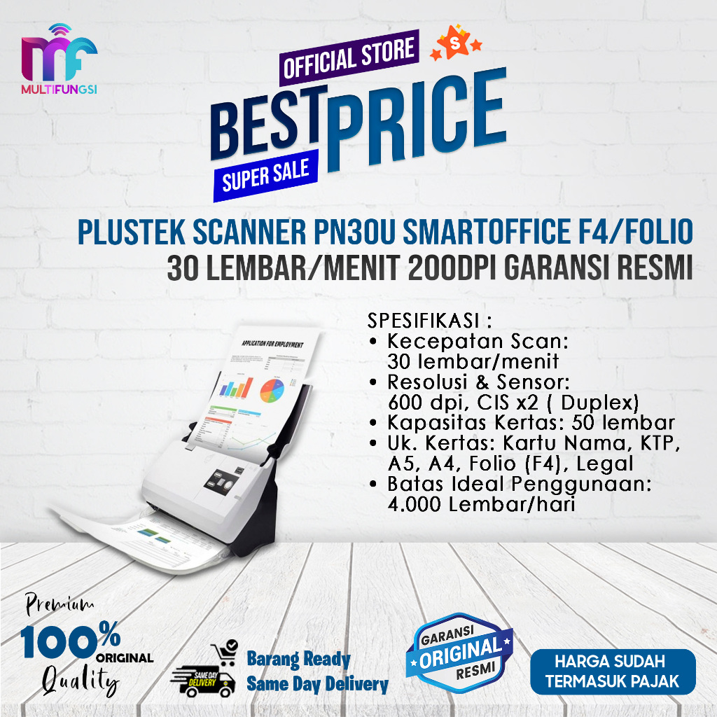 Jual Plustek Scanner PN30U SmartOffice F4/Folio 30 Lembar/Menit 200dpi ...