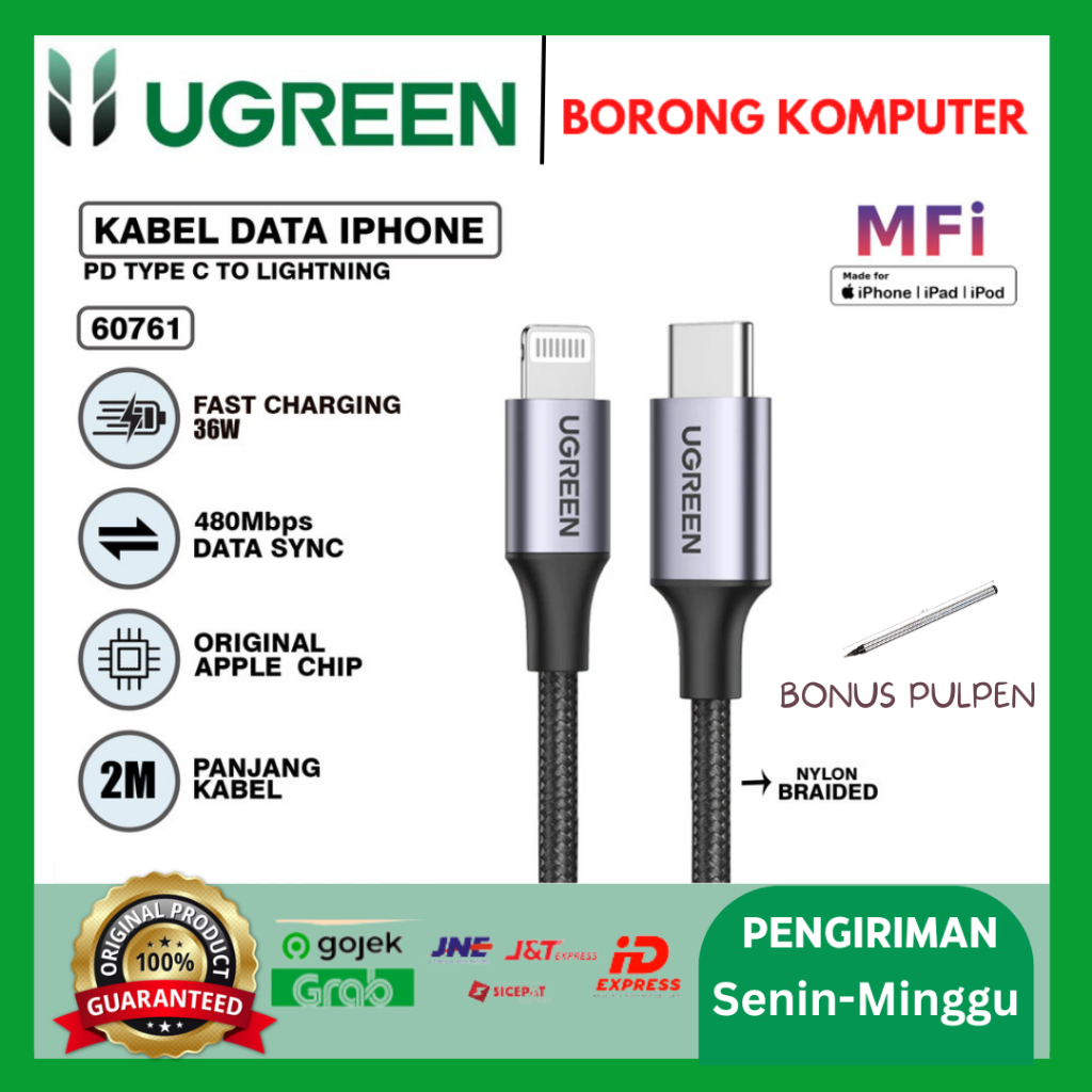 Jual Ugreen Nylon Braided Type-C To Lightning Cable 3A 2Meter Black 60761 | Shopee Indonesia