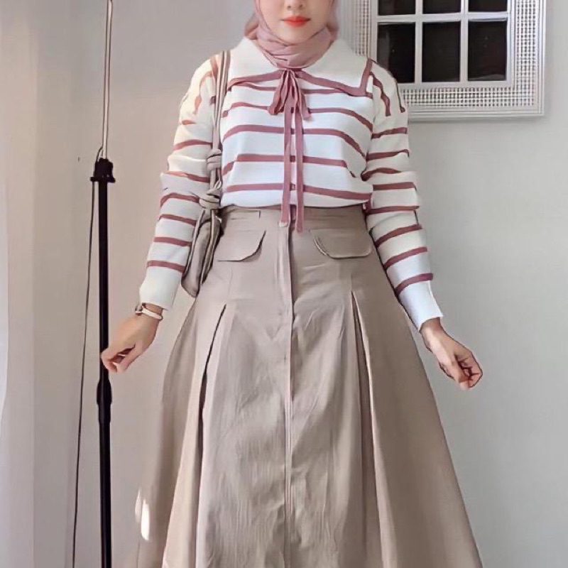 Jual Eily Atasan Wanita Rajut Motif Garis Kerah Lucu Bahan Acrylic Best ...