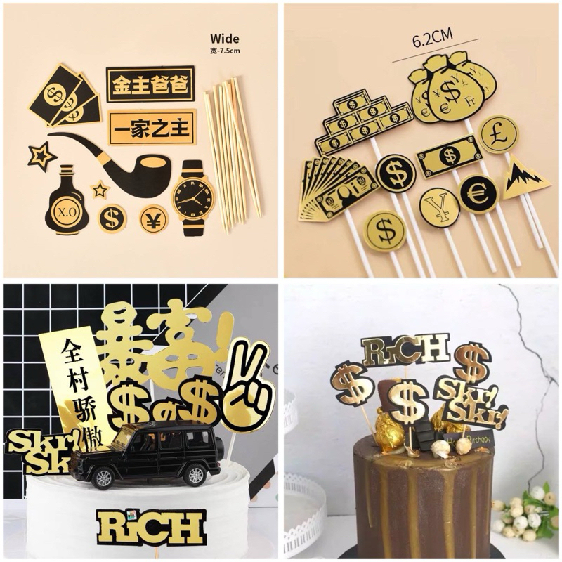 Jual CAKE TOPPER SET TEMA GOLD DOLLAR RICH FATHERS DAY/DEKORASI CAKE ...