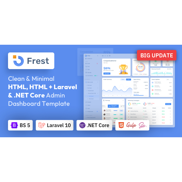 Jual Bootstrap 5 - Frest v5.0 Admin Dashboard Template (HTML, Laravel, ASP.NET) | Shopee Indonesia