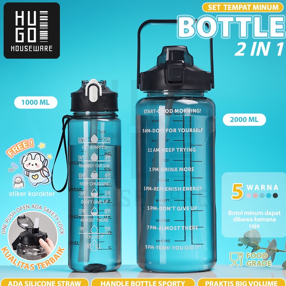 Jual Keluaran Terbaru HUGO Botol Minum Motivasi Set 2 in 1 Botol Air 2 Liter 1 Liter Botol Anak ...