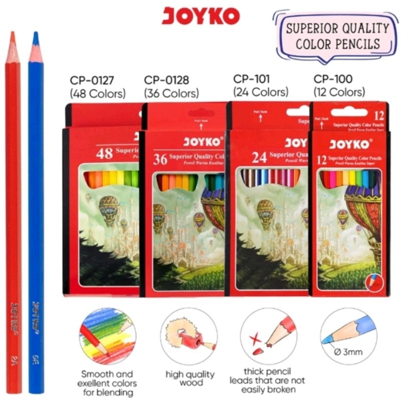 Jual Pensil warna Joyko 12 warna, 24 warna panjang kualitas super ...