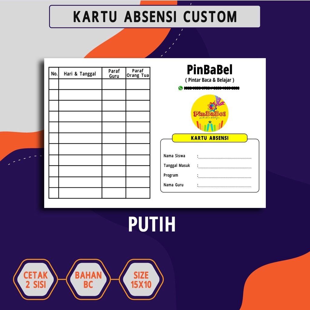 Jual Kartu Absensi Les/Kartu Absensi Sekolah/Kartu Absensi Bimbel ...