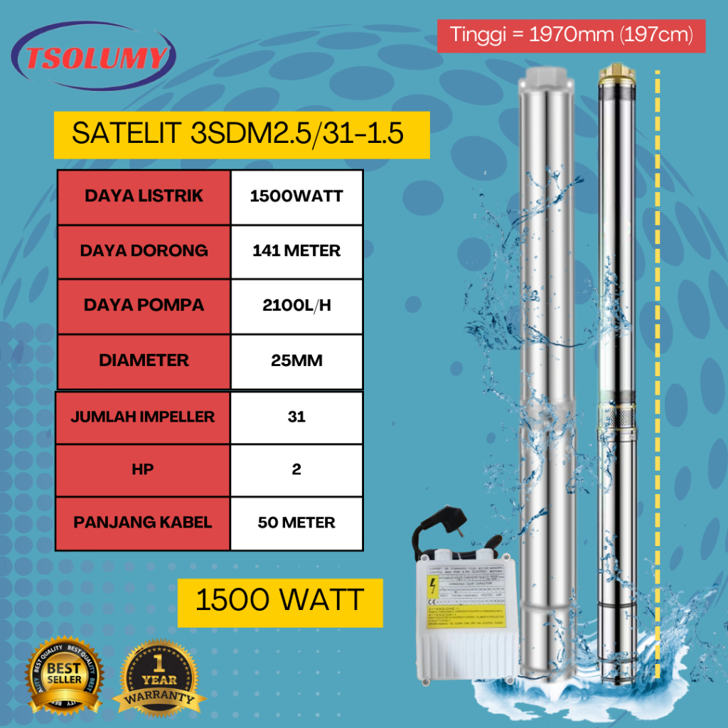 Jual Pompa satelit 3 Inch 2HP 1500Watt kabel 50M pompa Stainless Steel ...