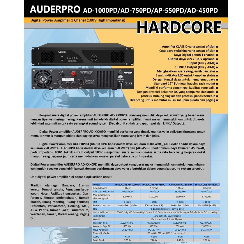 Jual DISTRIBUTOR AUDERPRO DIGITAL AMPLIFIER PA SYSTEM HARDCORE AD-450PD ...