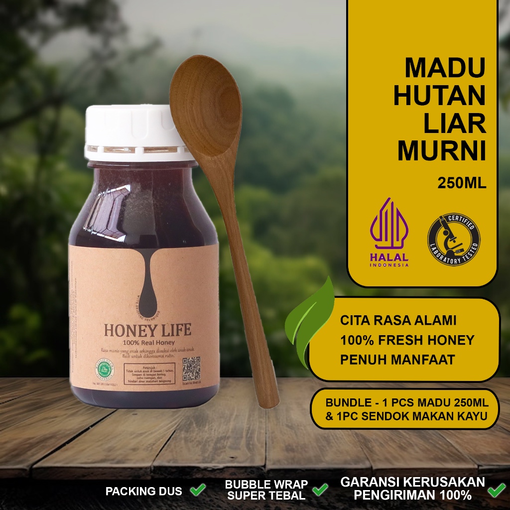 Jual HL - Madu Asli Hutan Honey Life | Madu Murni Forest Honey 250ML + Sendok Makan Kayu ...