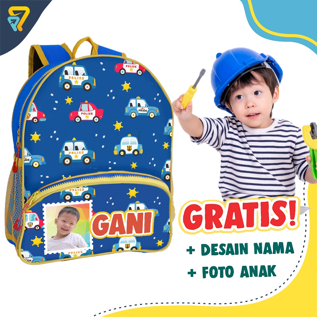 Jual [1 HARI JADI] Tas Anak Custom CAR POLICE Foto+Nama Tas Anak PAUD ...