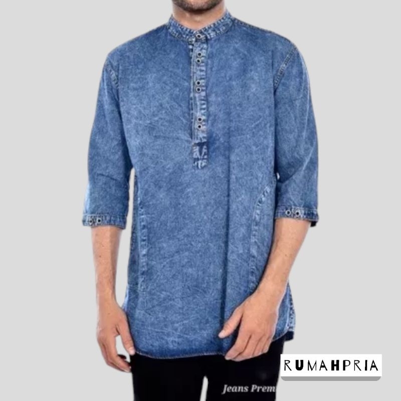 Jual Rumahpria Kemeja Kurta Jeans Pria Lengan 3/4 - Men's Denim Jeans Kurta Shirt 3/4 Sleeve ...