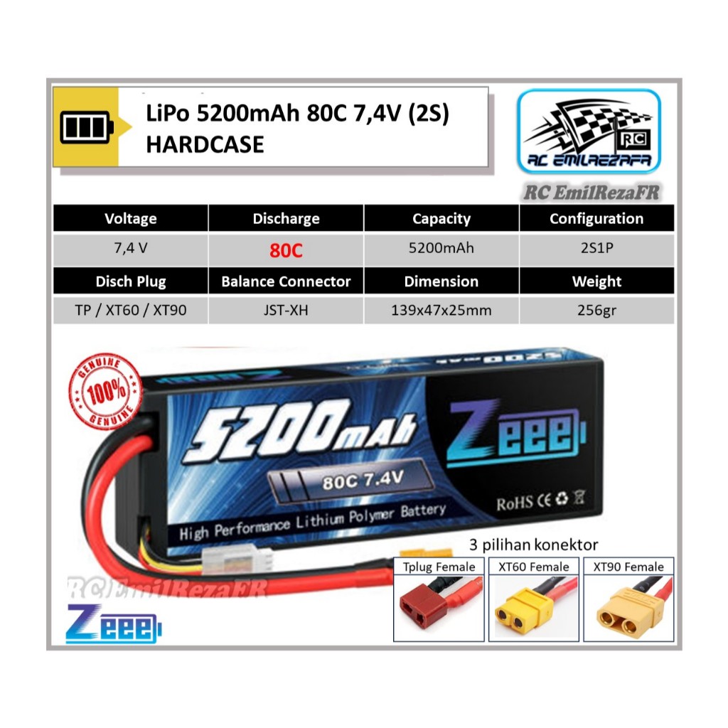 Jual Baterai LiPo Zeee Power 2S 7,4V 5200mAh 80C Hardcase RC Car | Shopee Indonesia