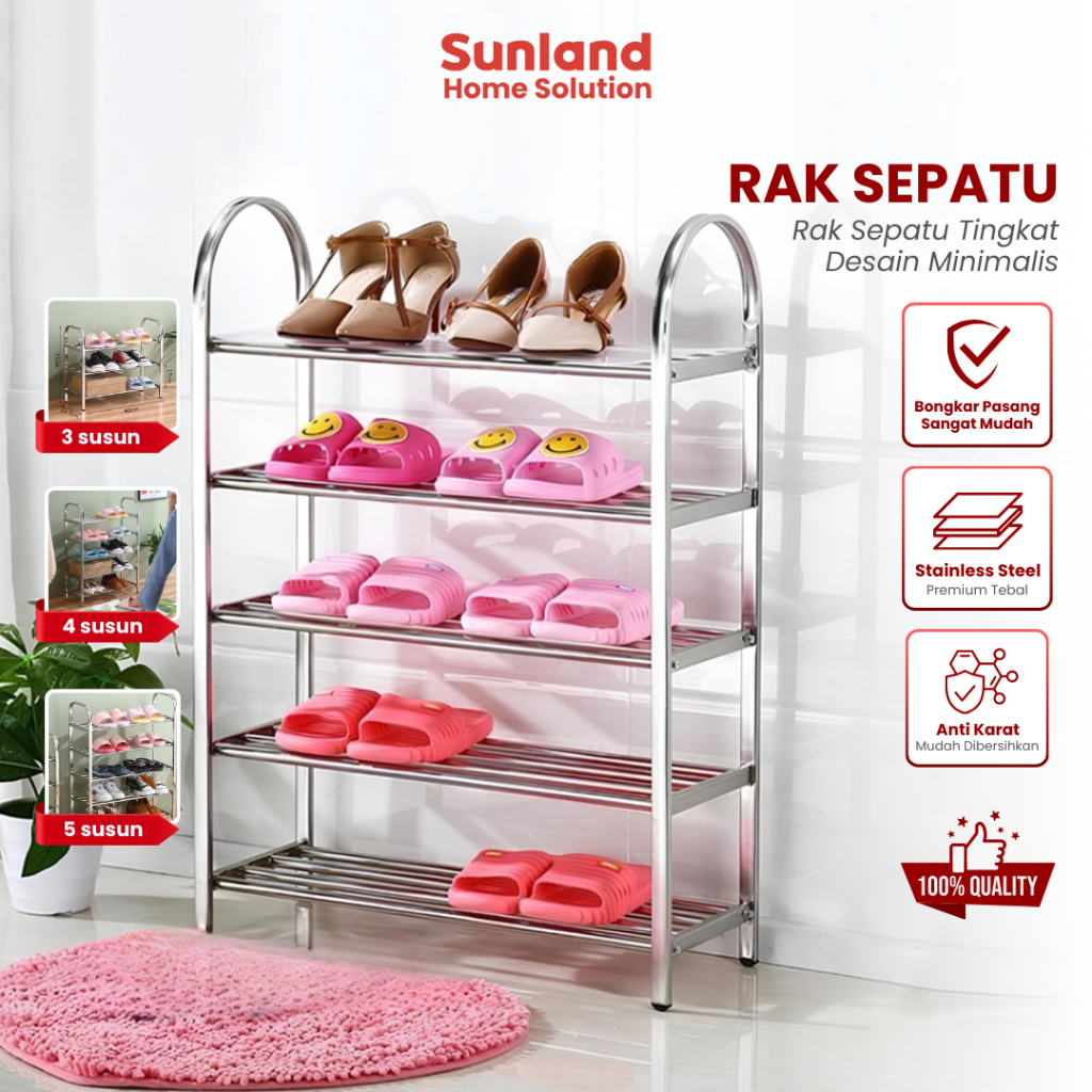 Jual SUNLAND Rak Sepatu Sandal Stainless Steel Portable 3/4/5 Susun Rak ...
