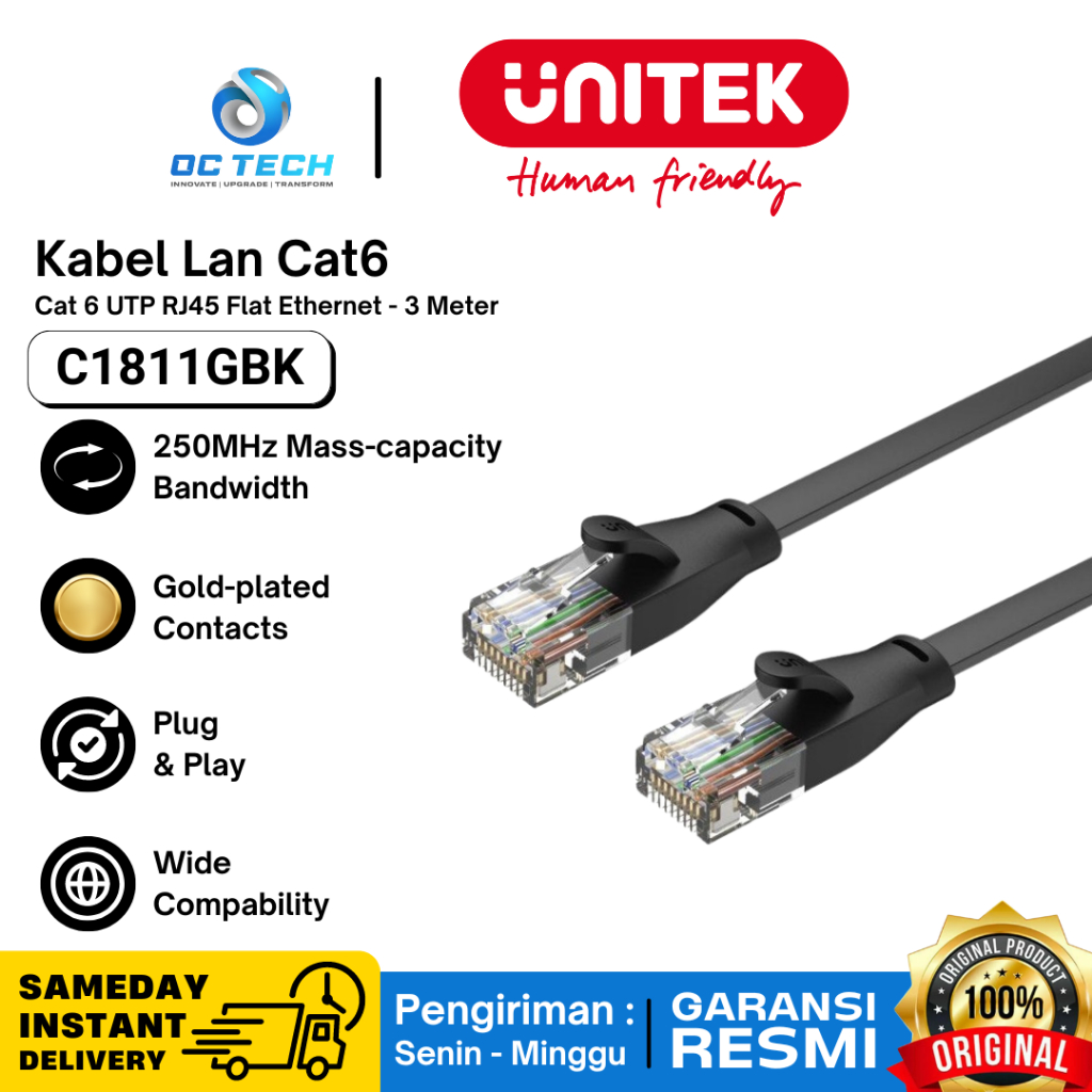 Jual Unitek C1811GBK Kabel Lan Unitek 3M 3 Meter CAT6 UTP RJ45 FLAT ETHERNET CABLE ORIGINAL ...