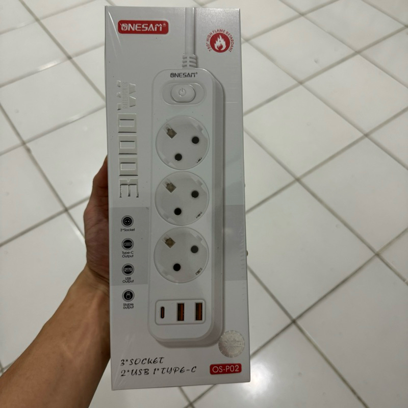 Jual Power Soket Charger 3USB + 3 Colokan Listrik Stop Kontak Onesam OS-P02 3000W Kabel 2Meter ...