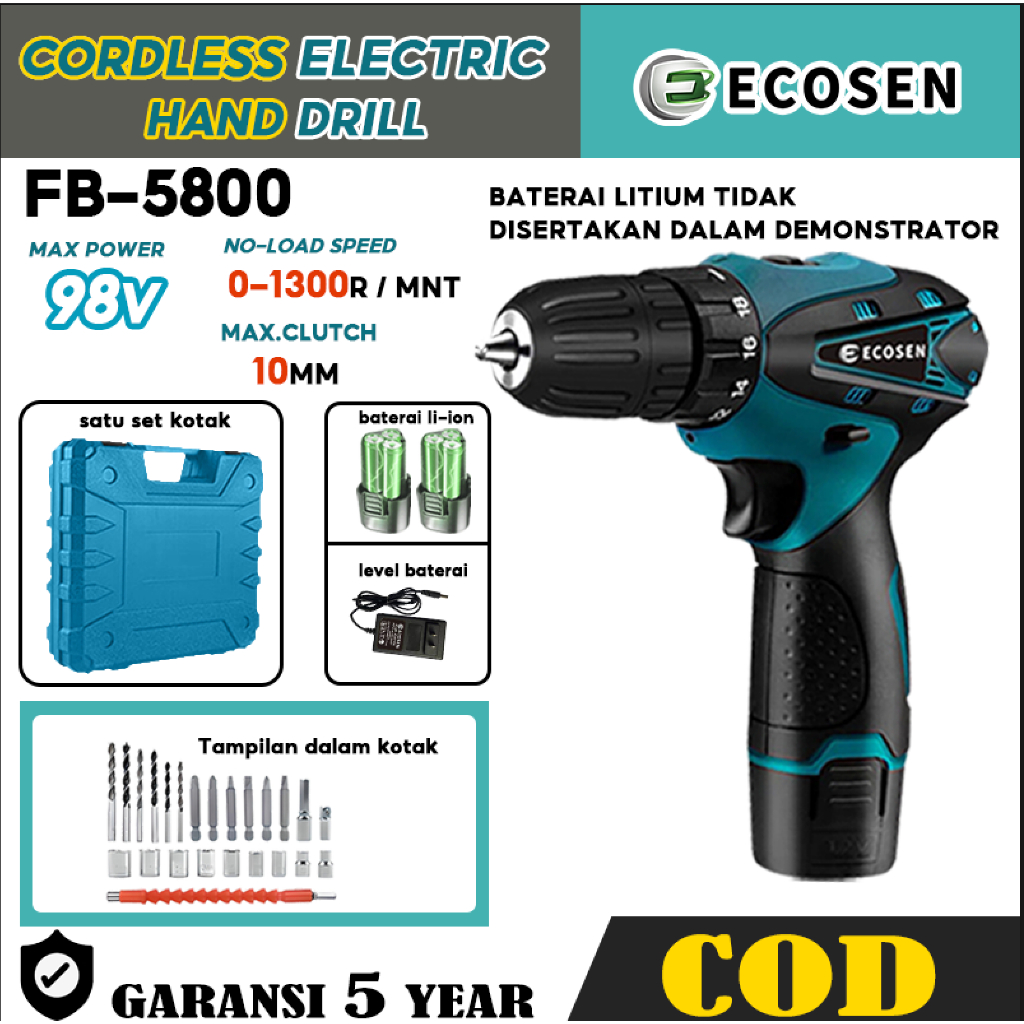 Jual ECOSEN Mesin Bor Baterai Tangan 98V Bor Listrik Bor cas Bor mini ...