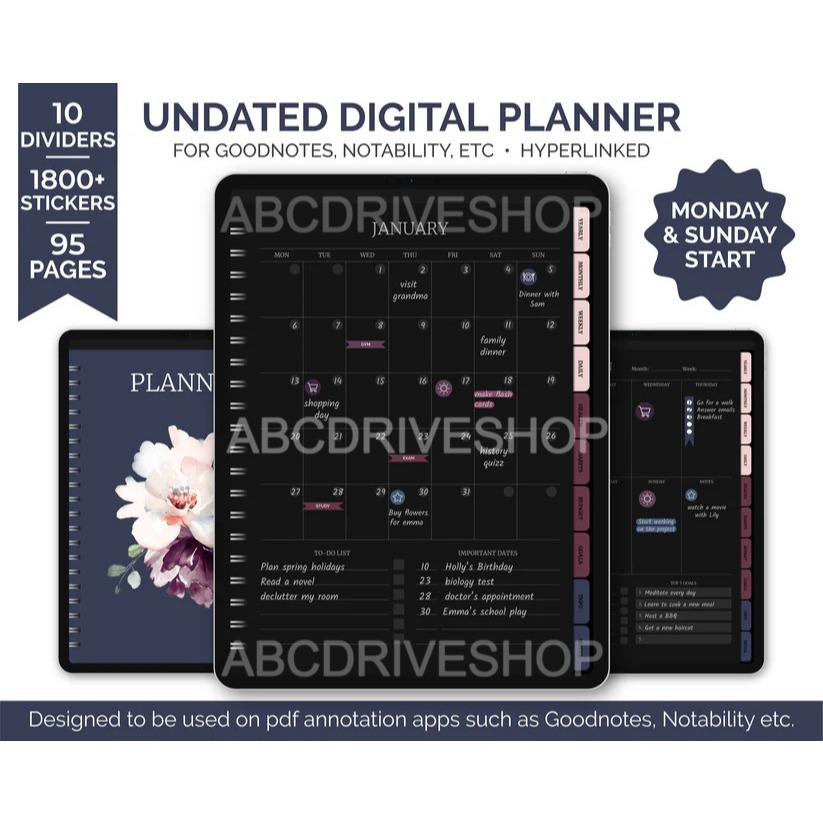 Jual Digital Journal & Planner - Undated Simple Digital Planner Dark ...
