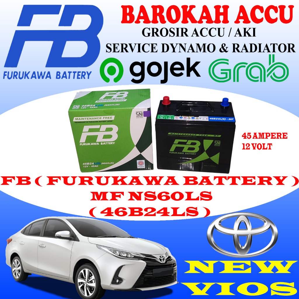 Jual AKI MOBIL TOYOTA NEW VIOS FB FURUKAWA BATTERY MF NS60LS / 46B24LS , 45 AH MAINTENANCE FREE ...