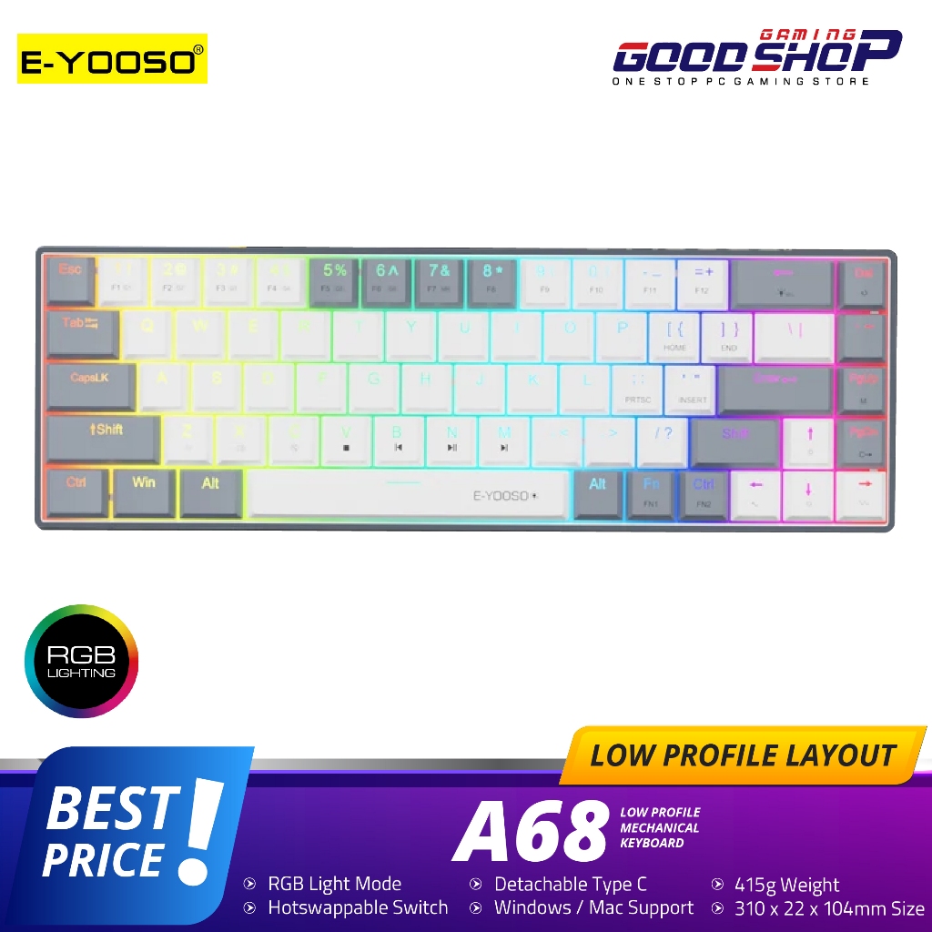 Jual E-YOOSO A68 MECHANICAL KEYBOARD 68 KEY White Grey RGB Ultra Short ...