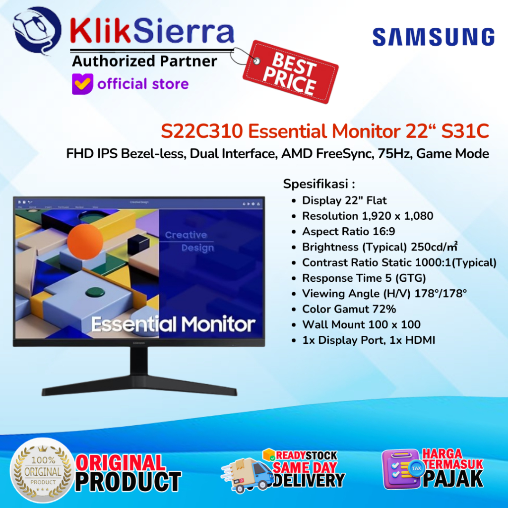 Jual SAMSUNG LS22C310 22" ESSENTIAL Monitor Flat 75Hz IPS 5GTG HDMI ...