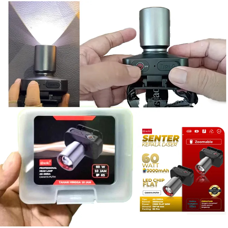 Jual Senter Kepala Aoki AK-3685A LED Zoom 60 watt 3 Mode Cahaya PUTIH Cas Plus Recharge Pro ...