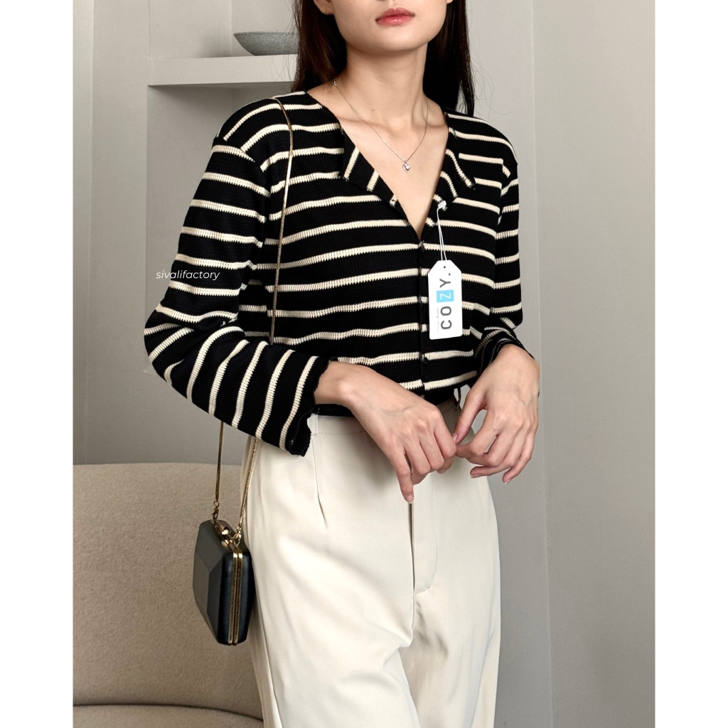 Jual SIVALI Hera Cardigan - Outer Stripe Korean Crop Top - Atasan Rajut Waffle Stripe | Shopee ...