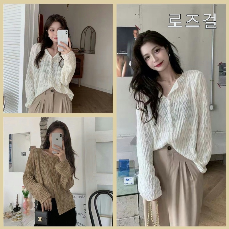 Jual Kemeja Korean Style Wanita Crinkle Blouse Baju Korean Style Wanita ...