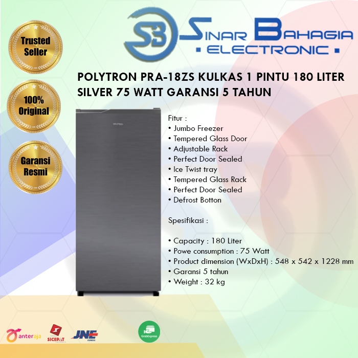 Jual POLYTRON PRA-18ZS KULKAS 1 PINTU 180 LITER SILVER 75 WATT GARANSI ...